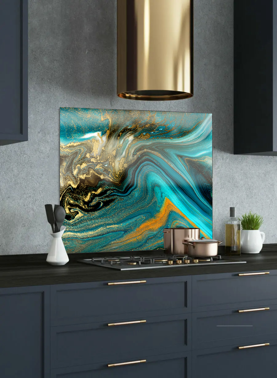 Turquoise & Gold Marble Printed Glass Splashback | The Glass Warehouse
