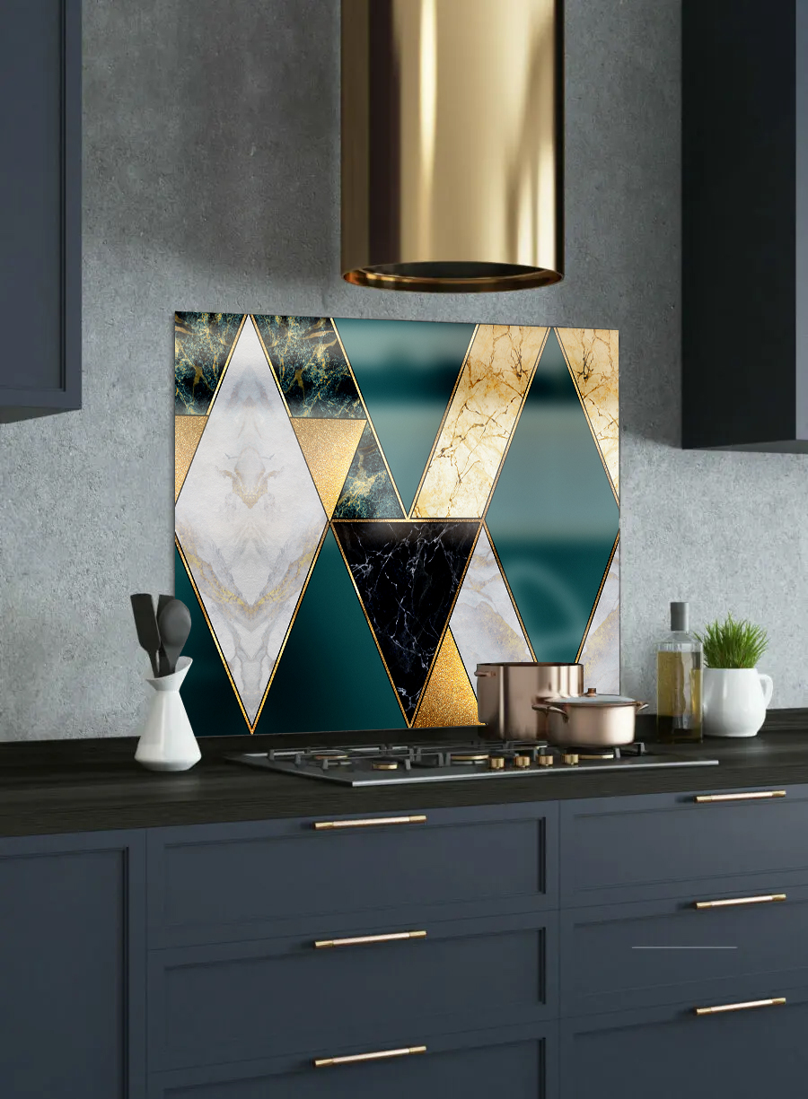 Green & Gold Geometric Marble Printed Glass Splashback | The Glass ...