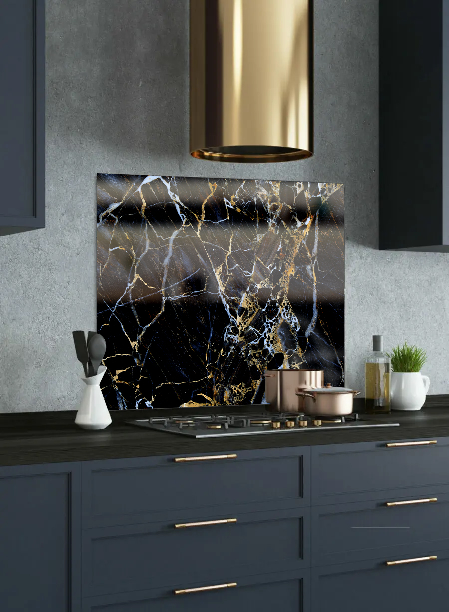 Black, White, and Bronze Marble Printed Glass Splashback | The Glass ...
